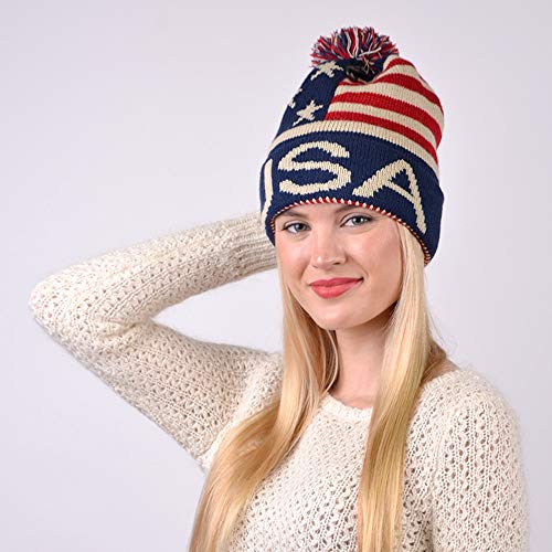 Selini Winter Hat - Knit, Cuffed Beanie with Pom Pom, USA Flag Design ...